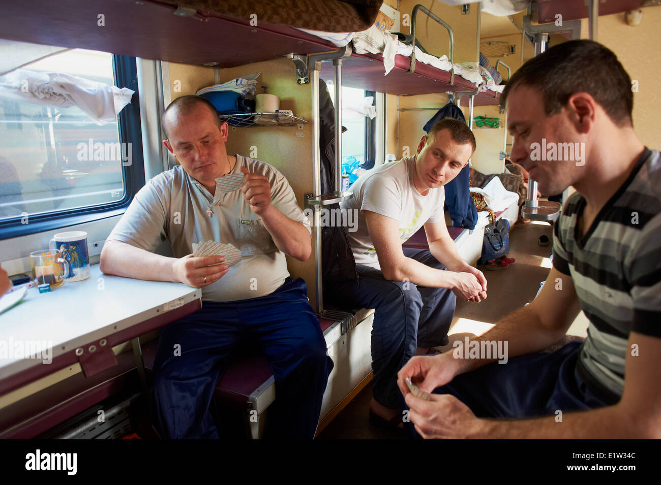 Russia, Trans-Siberian train in Siberia, passengers traveling up to ...