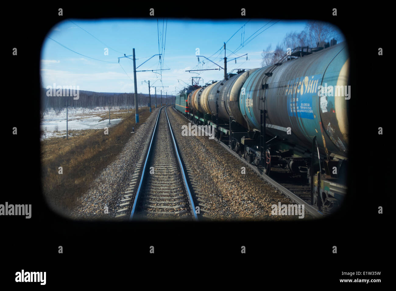 Russia, Trans-Siberian train in Siberia, Siberan landscape through the ...