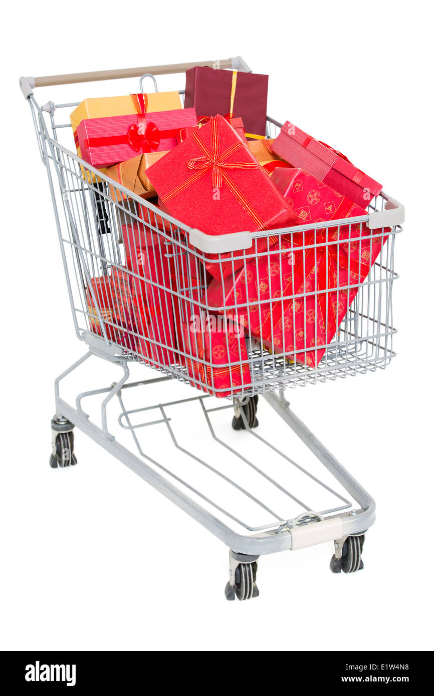 Shopping cart with gift boxes Stock Photo - Alamy