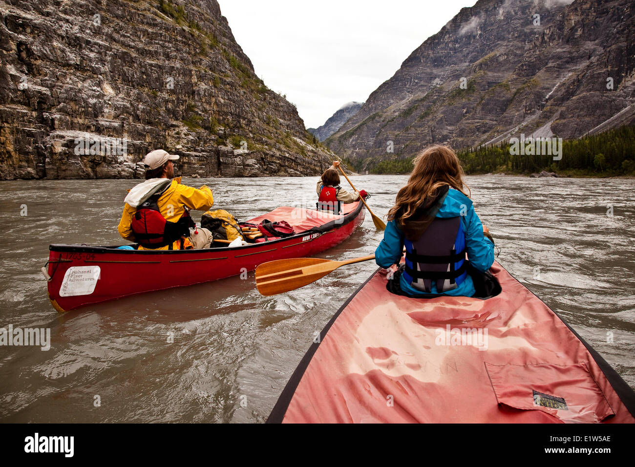 Two canoes in First Canyon on Nahanni River, Nahanni National Park ...