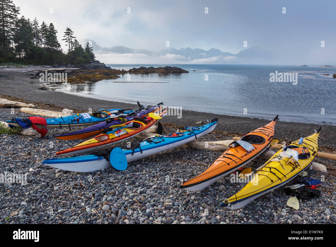 Kayaks sit above the high tide line on an island in Nuchatlitz ...