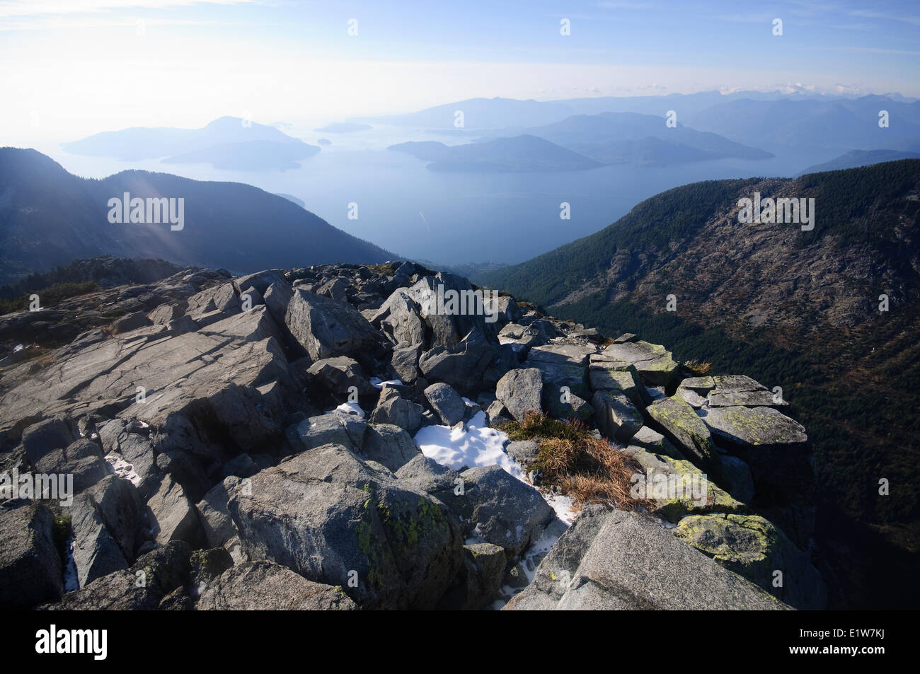 View of Howe Sound from summit of West Lion. The Lions above Lions Bay ...