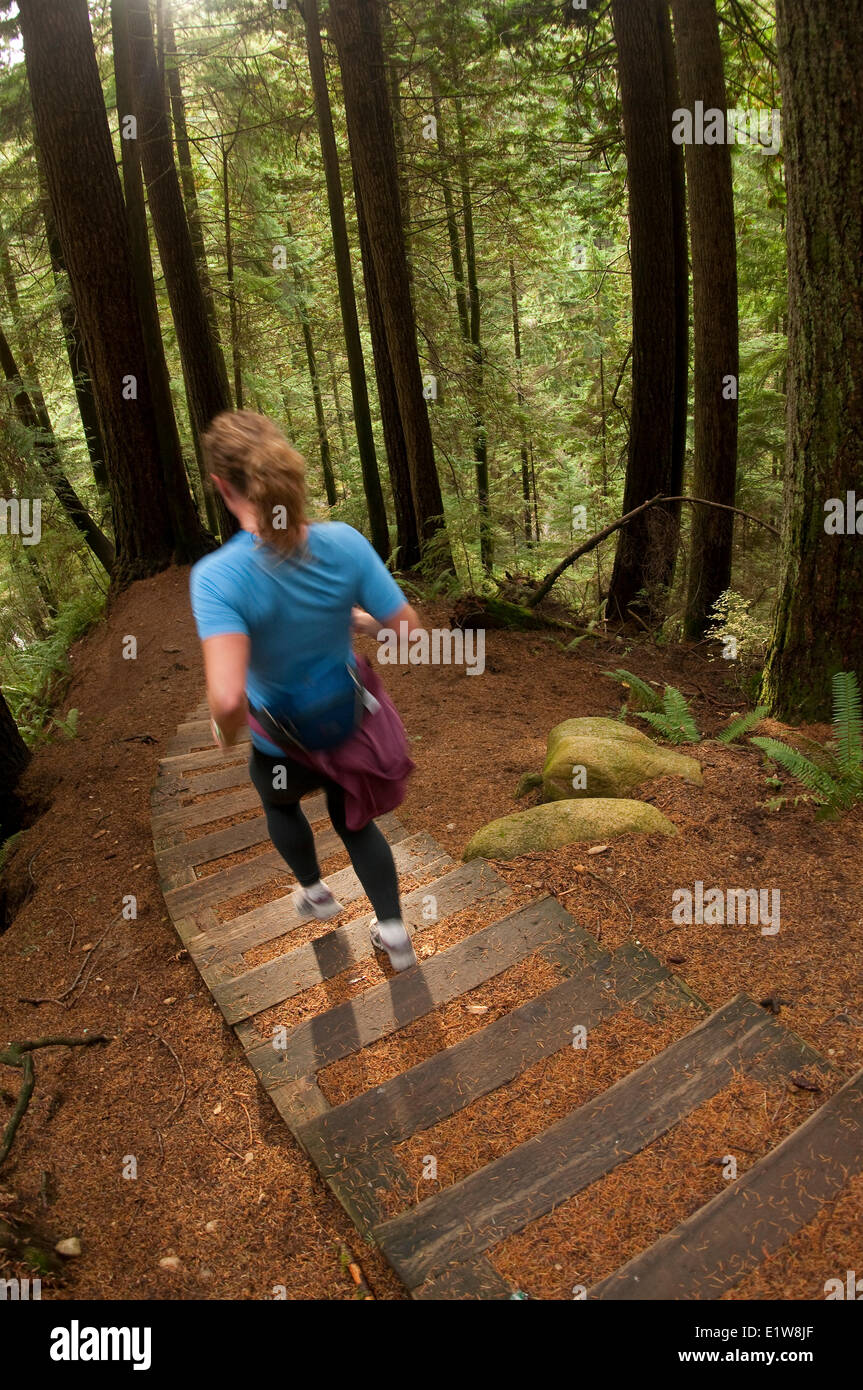 Woman trail running on the Capilano Pacific Trail, Capilano River ...