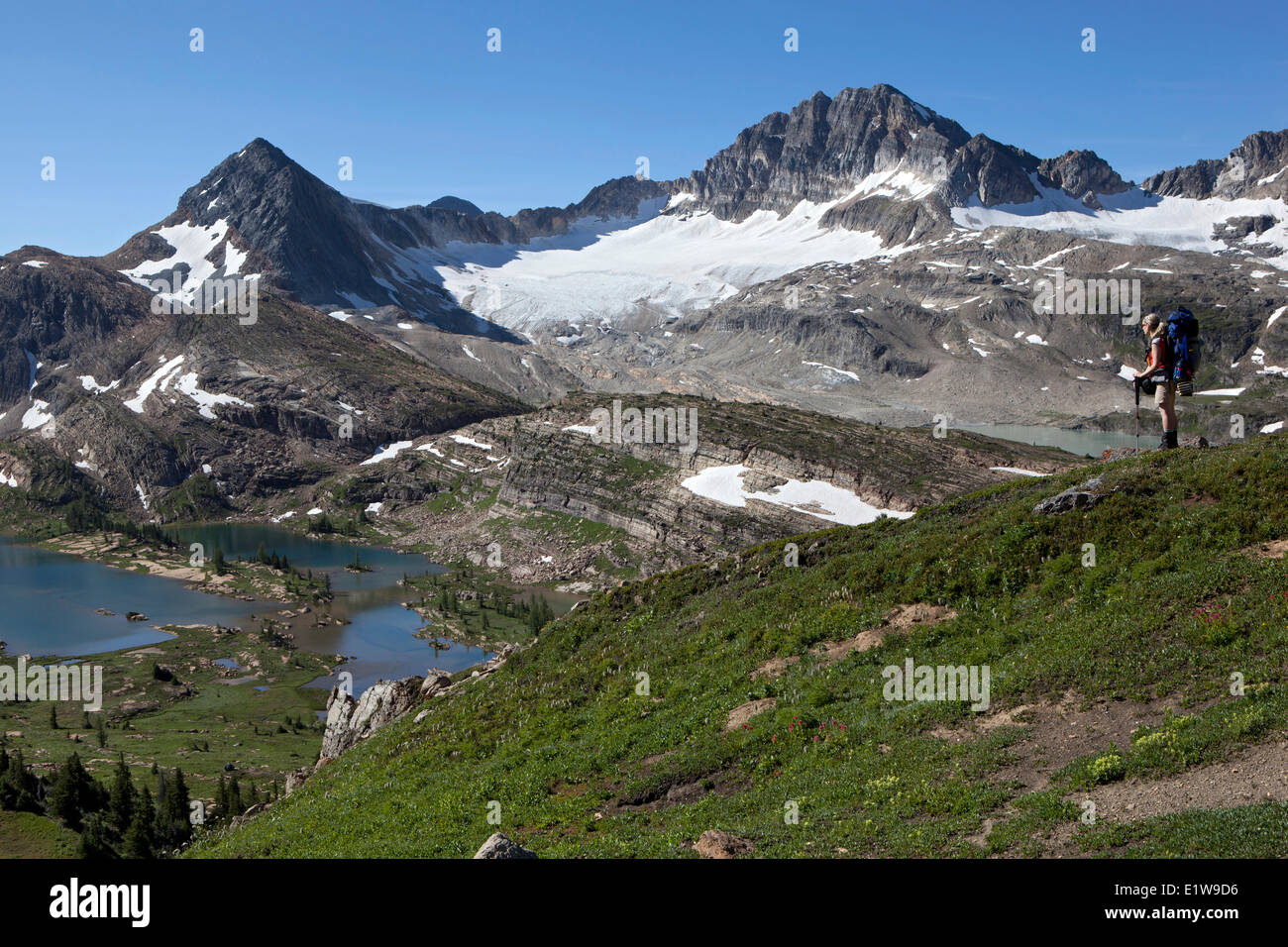 Backpacker overlooks Limestone Lakes Basin and Russell Peak, Height of ...