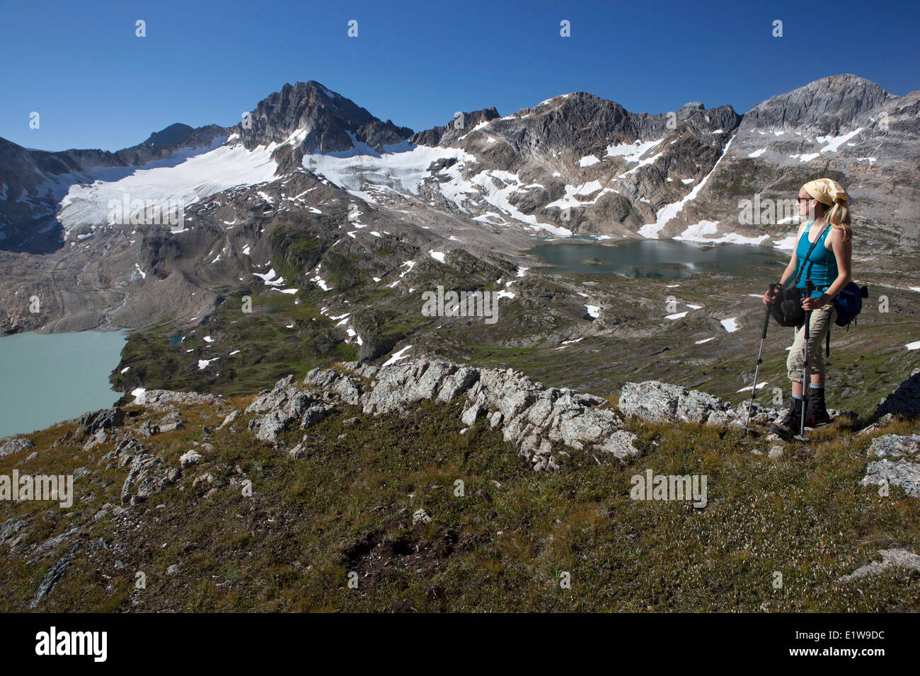 Hiker above Limestone Lakes, Russell Peak in the distance, Height of ...