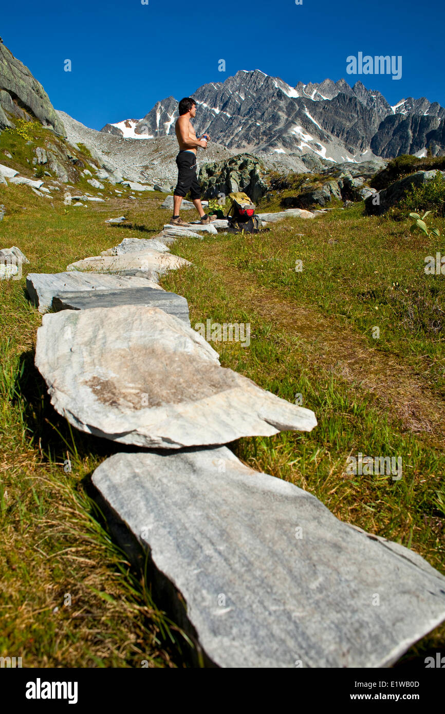 A young man alpine climbing the west ridge of Mt Tupper, Roger's Pass ...