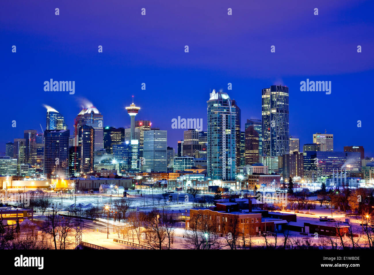 Calgary skyline at night in winter showing office towers including Bow ...