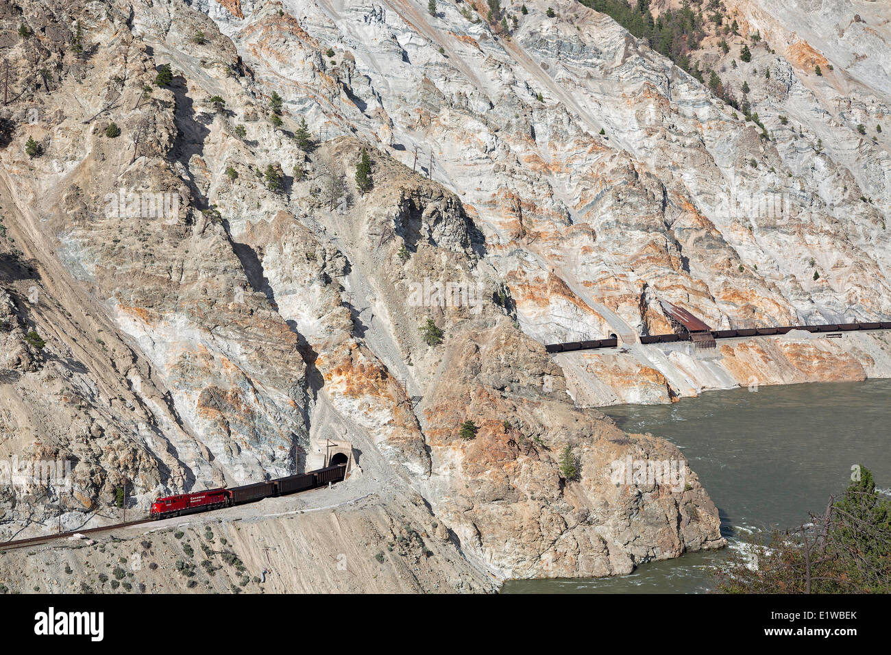 Freight train, Trans Canada railway, Thompson River, Thompson River Valley, British Columbia ...