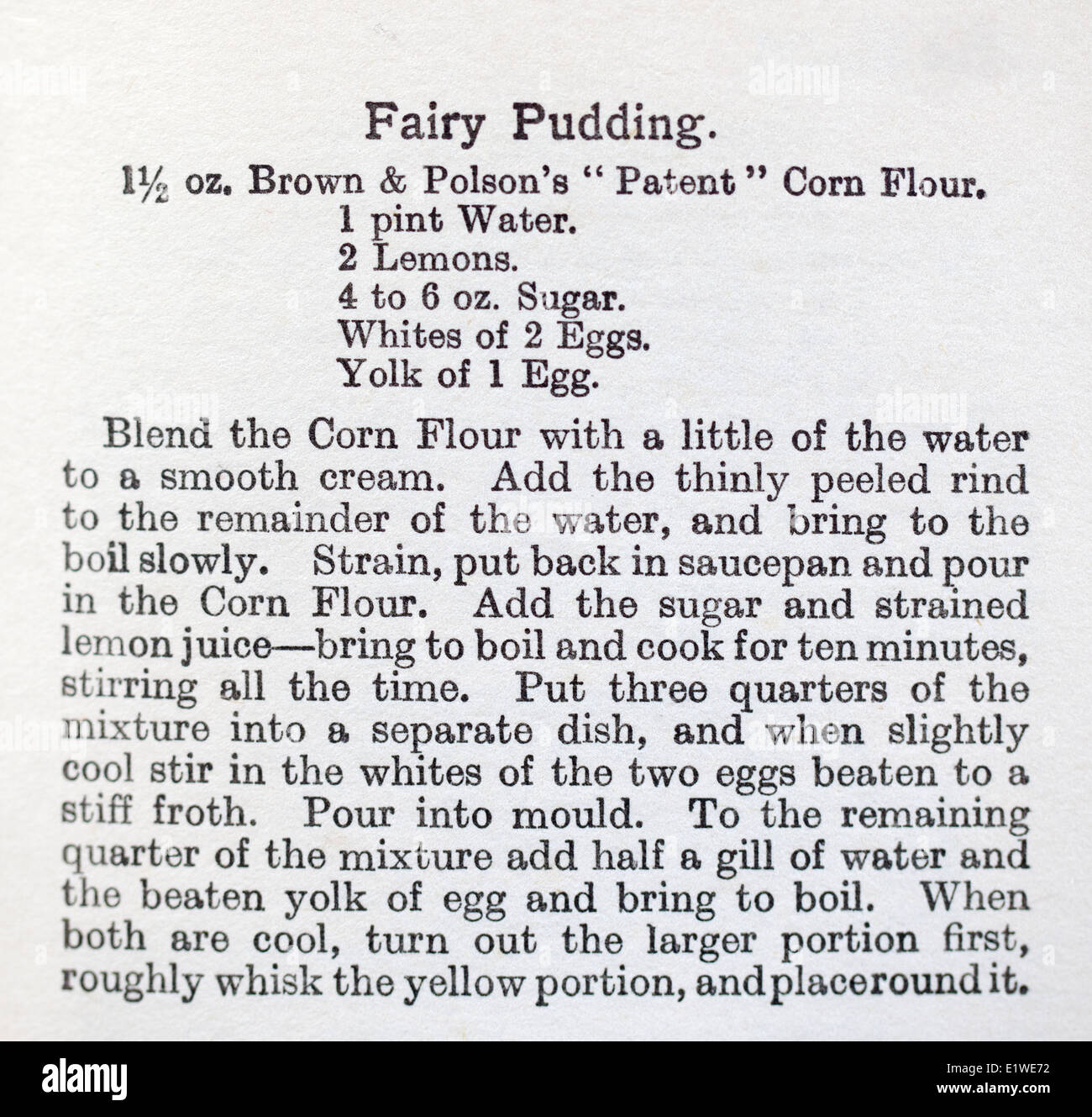 Vintage Recipe for Fairy Pudding taken from antique cookery book Stock ...