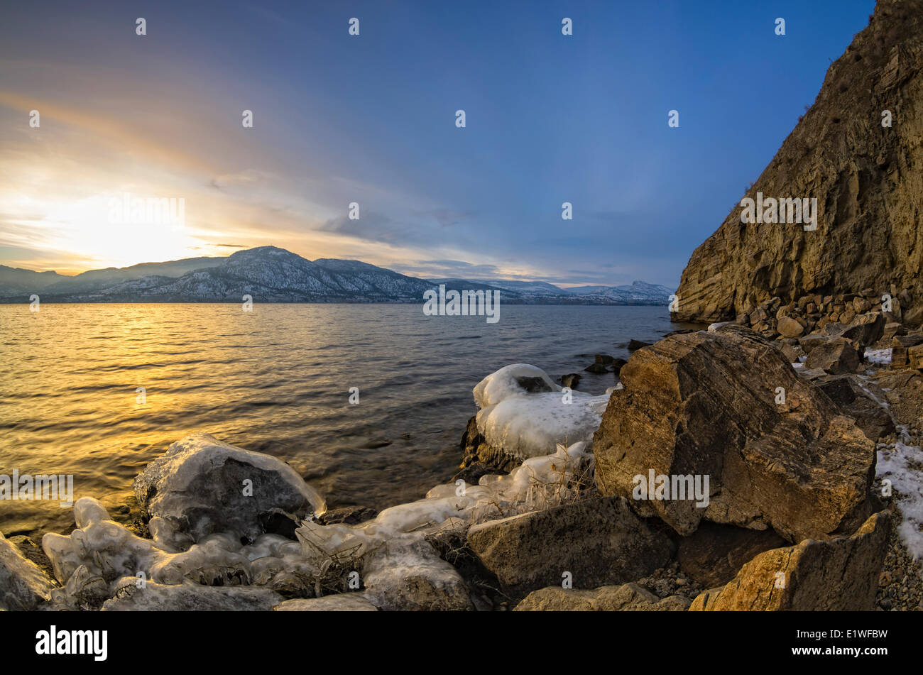 Sunset over Okanagan Lake in winter, south Okanagan Valley of British ...