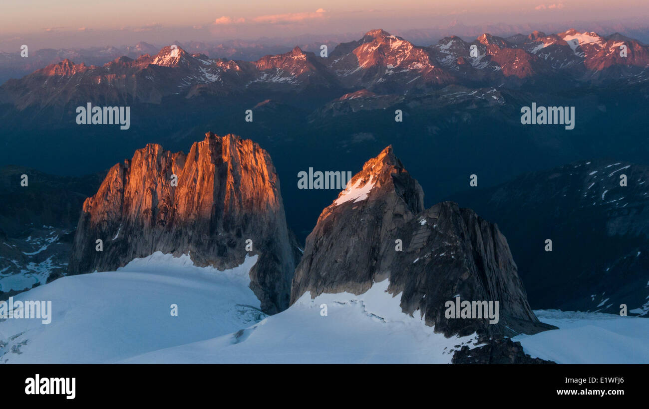 Bugaboo, Snowpatch and Pigeon Spires alit in alpenglow, Bugaboo Alpine ...