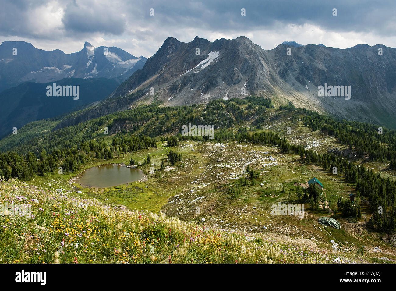 Cabin at Jumbo Pass on the right, with Mount Earl Grey and Redtop ...