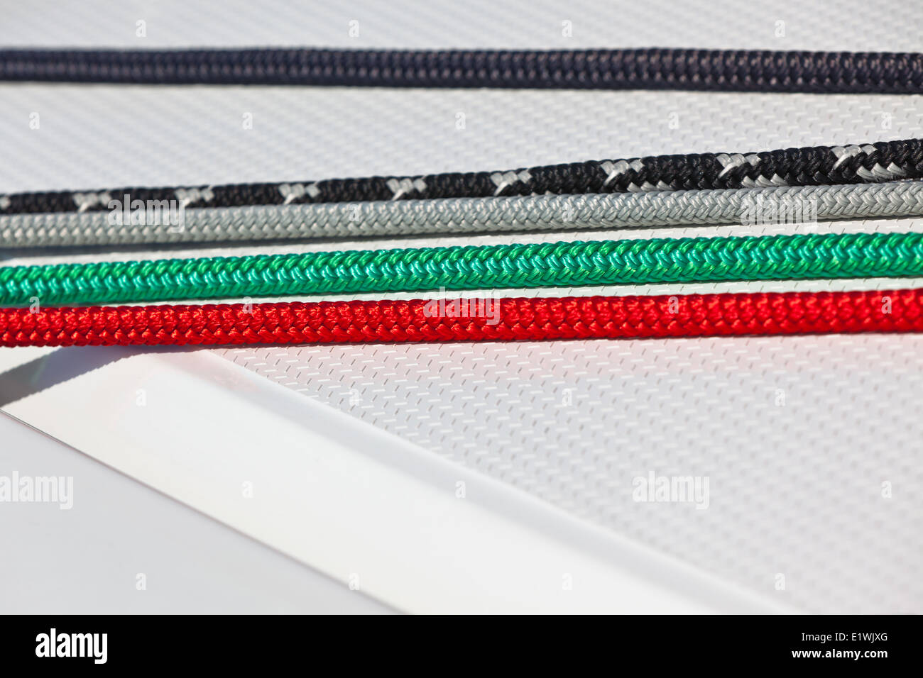 Details of sailing boat. Color ropes on white deck background Stock ...