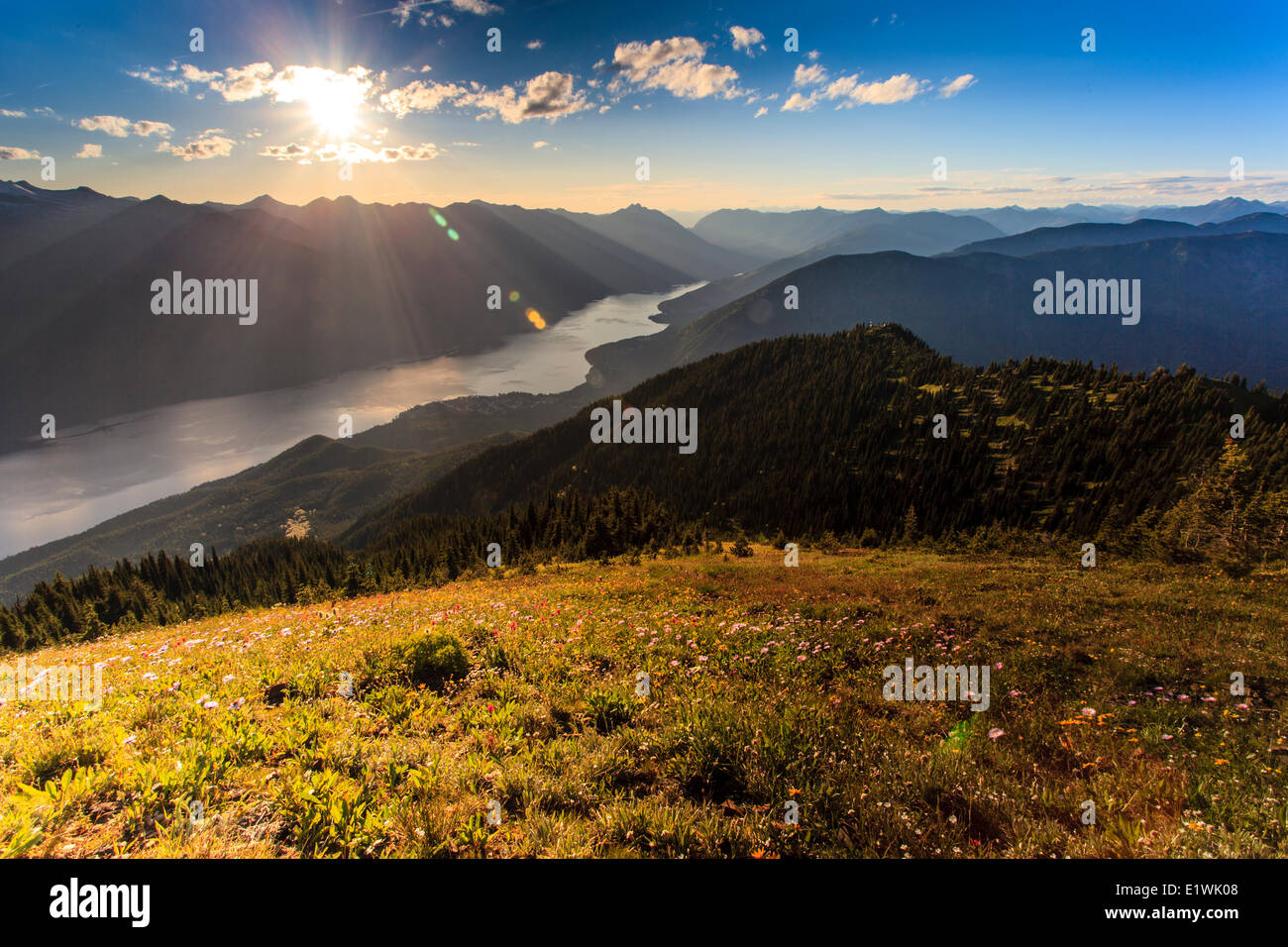 Sunburst over Slocan Lake from Idaho Peak. Near New Denver, British ...