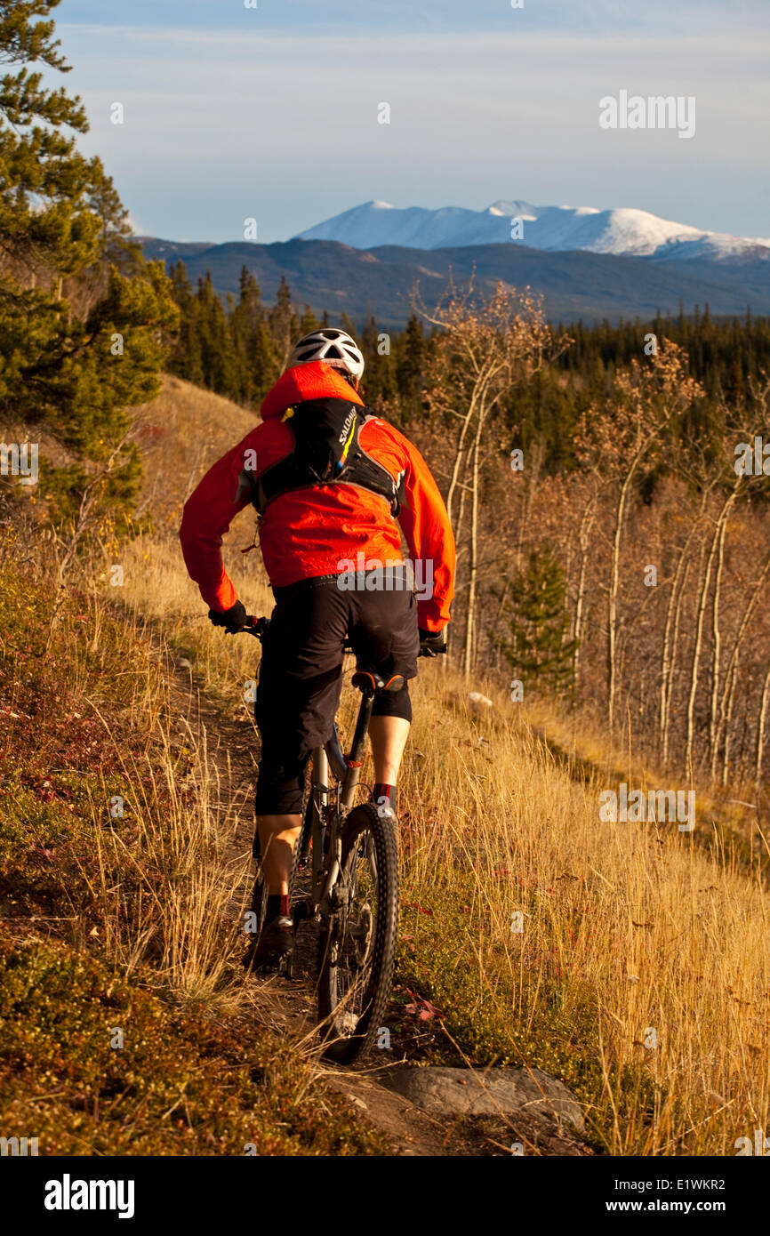 A male mountain biker enjoying perfect fall weather and singletrack in ...