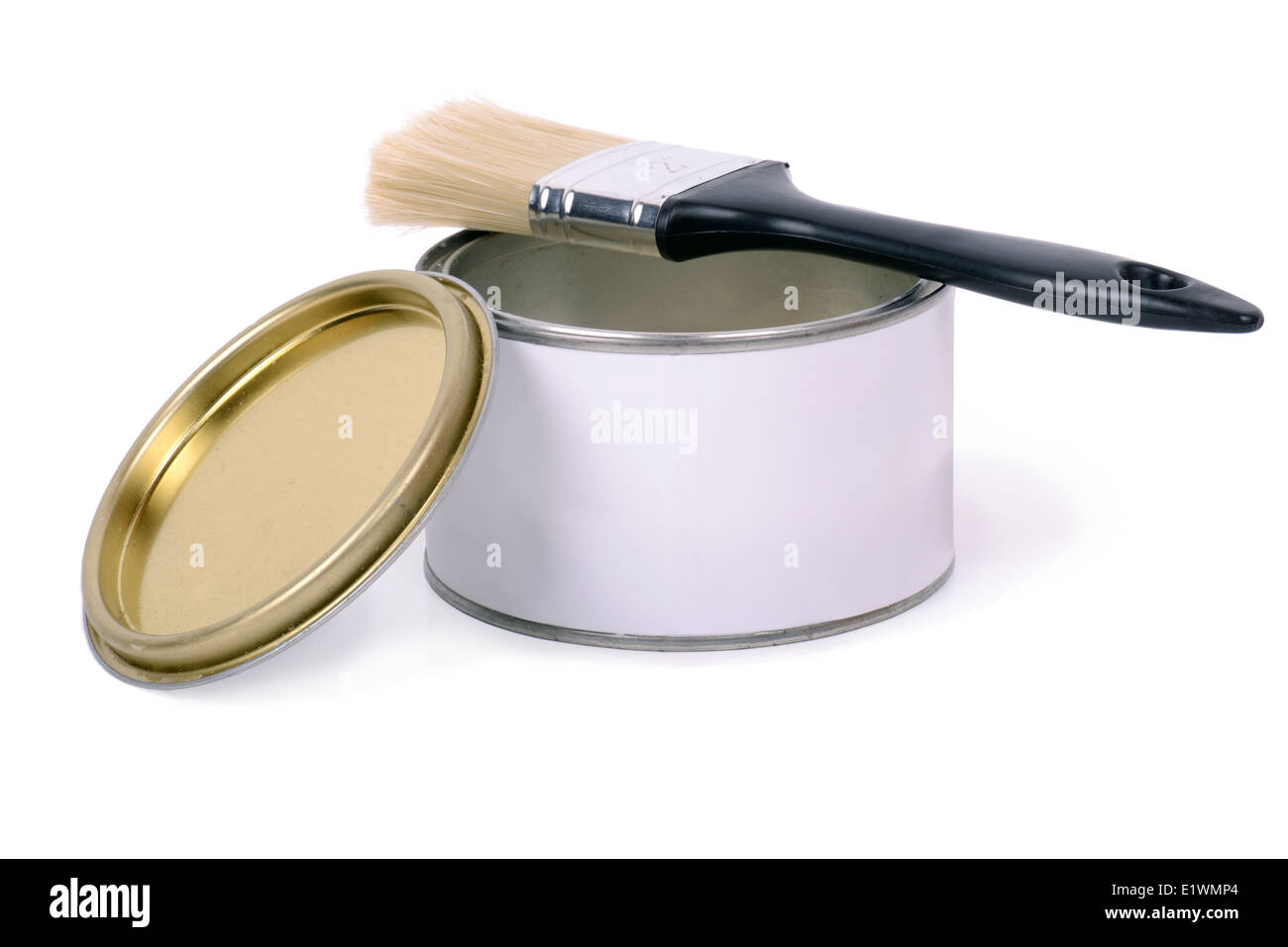 paint tin open with brush on top ready for work, isolated on a white ...
