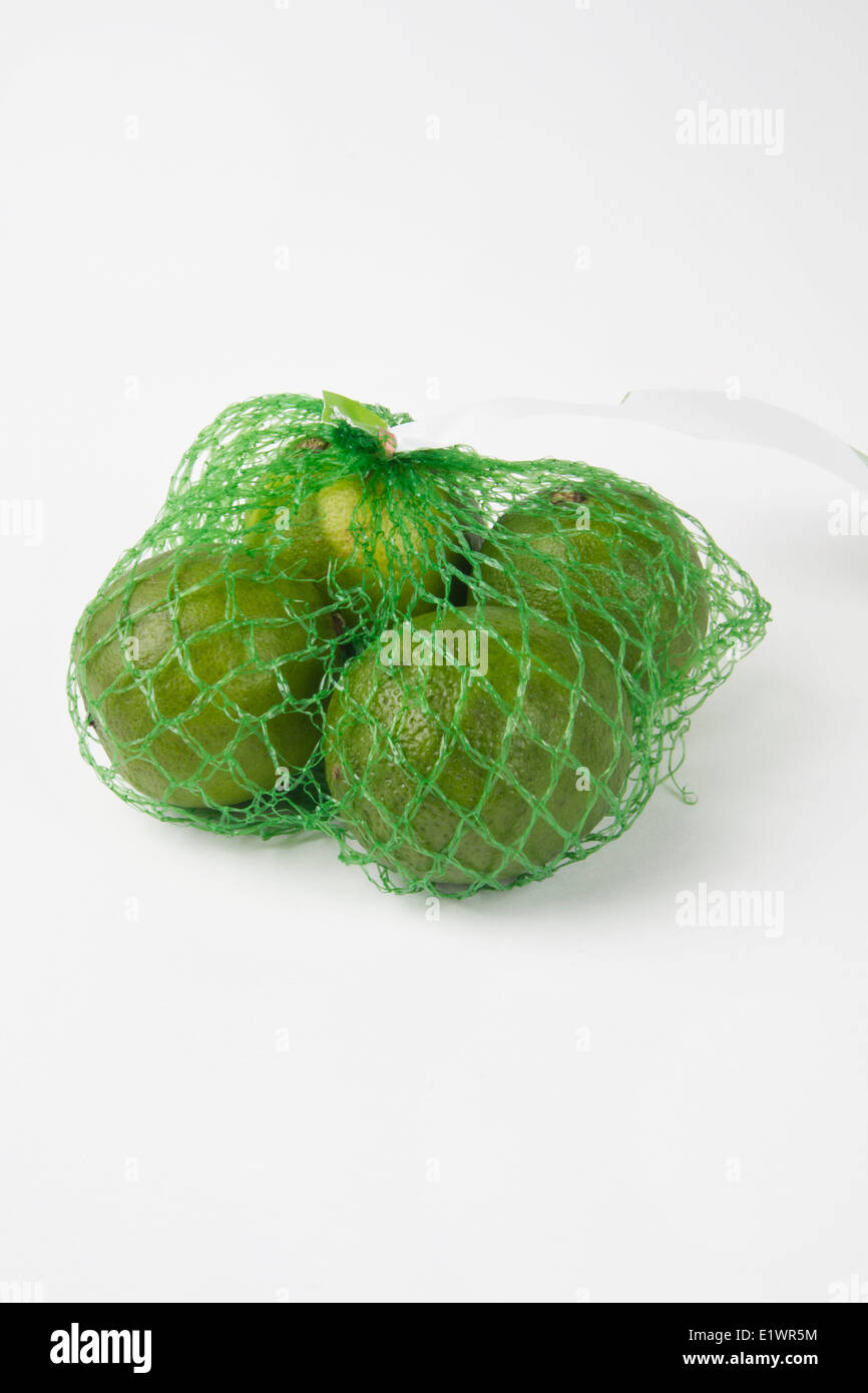 Four limes packaged in a supermarket netting bag Stock Photo - Alamy