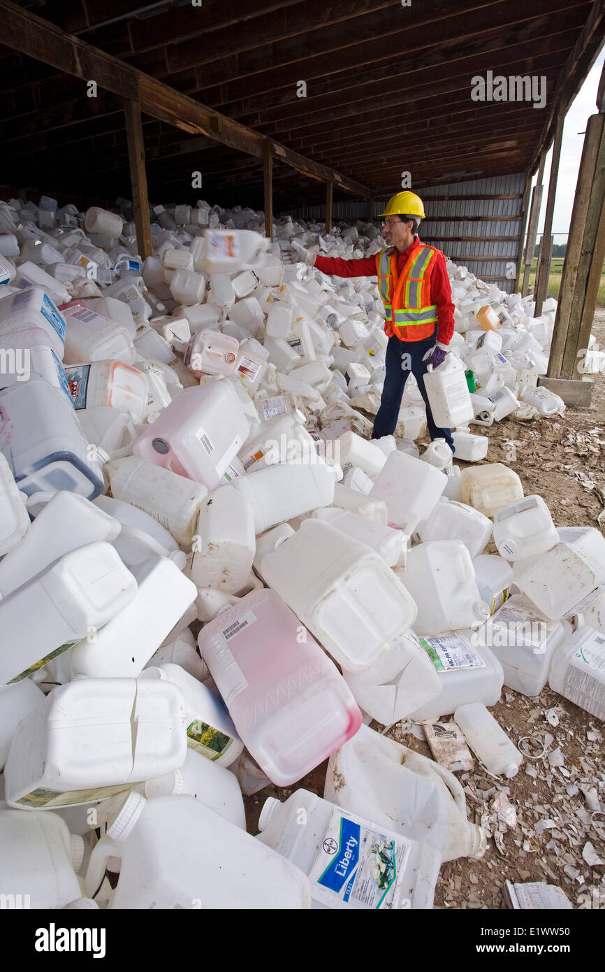 Worker sorting containers at pesticide recycling depot, Mountain View ...