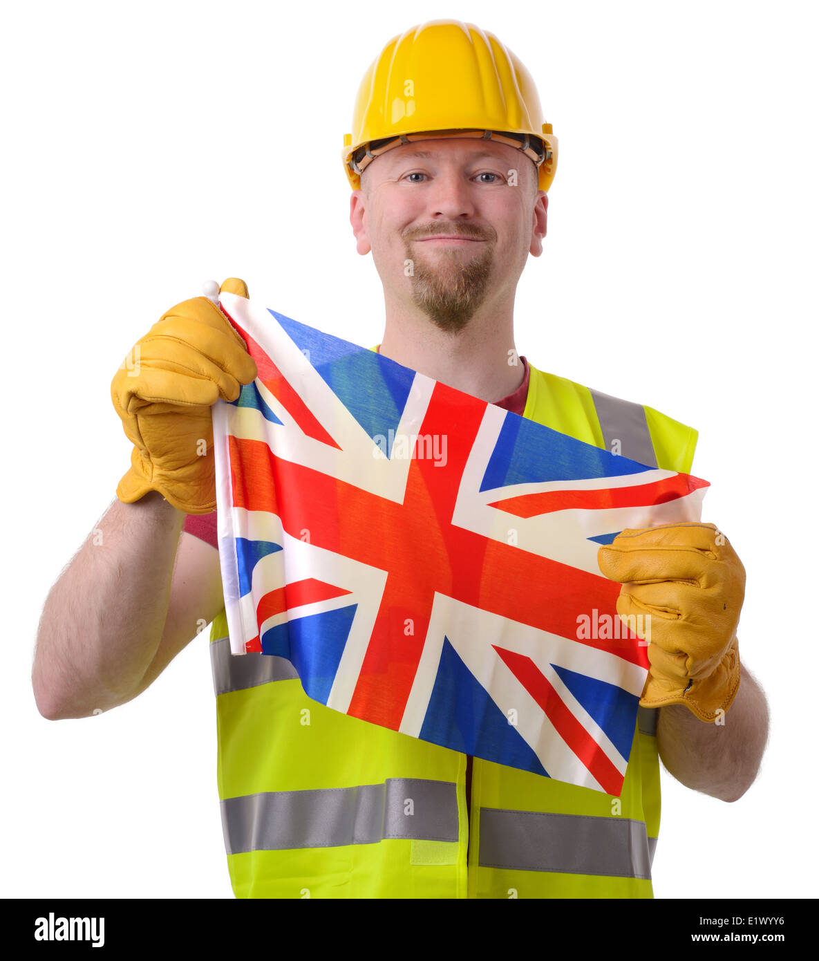 British construction economy great, proud worker with flag isolated on ...