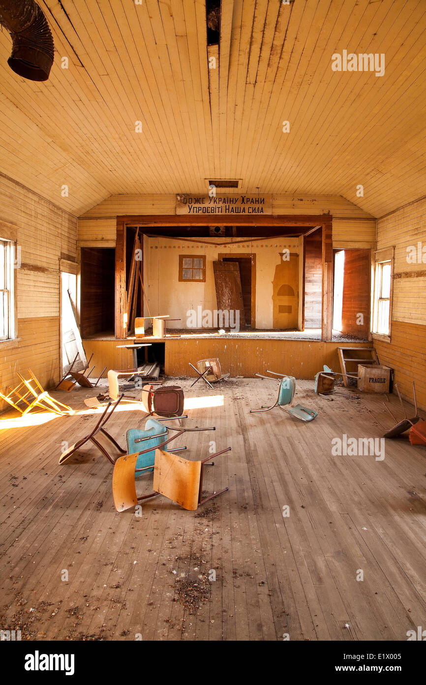 Chairs in abandoned community hall, Alberta, Canada Stock Photo - Alamy