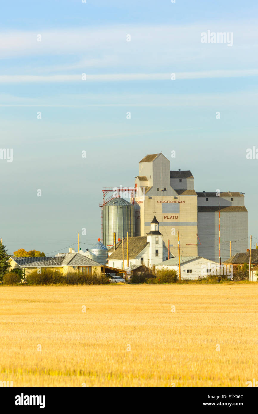 Grain elevator and church, Town of Plato, Saskatchewan, Canada Stock ...