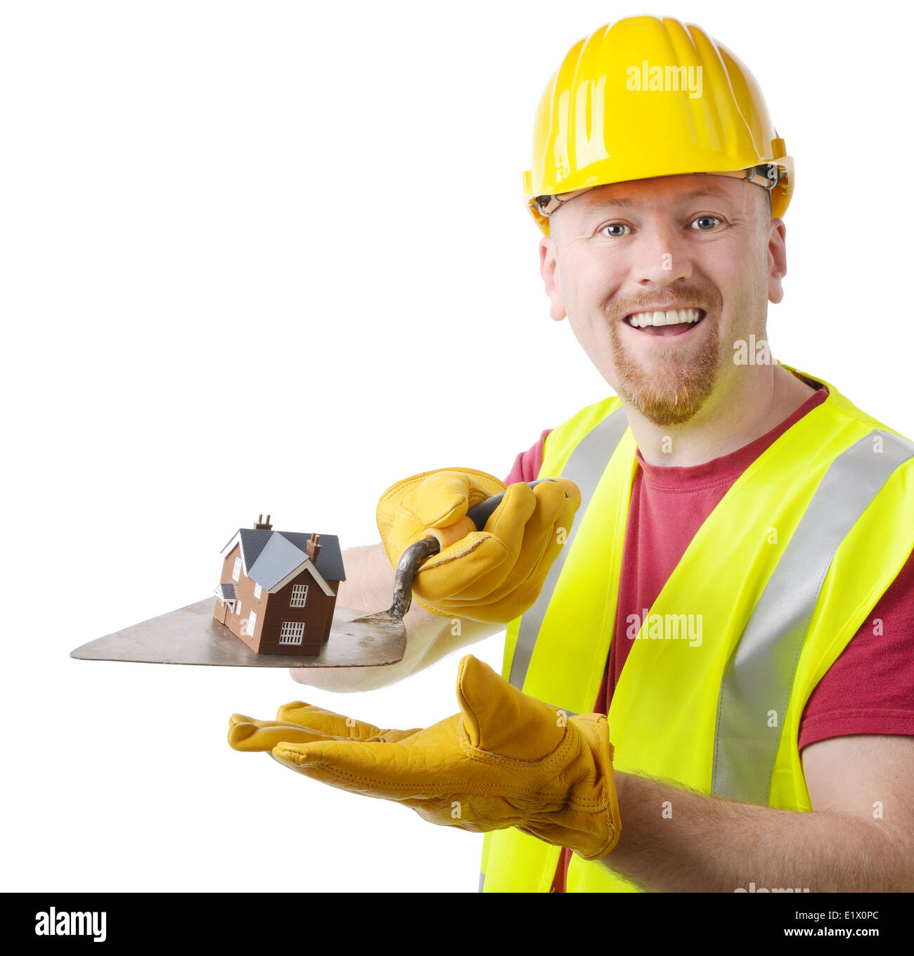 Building contractor presenting your new home isolated on a white ...