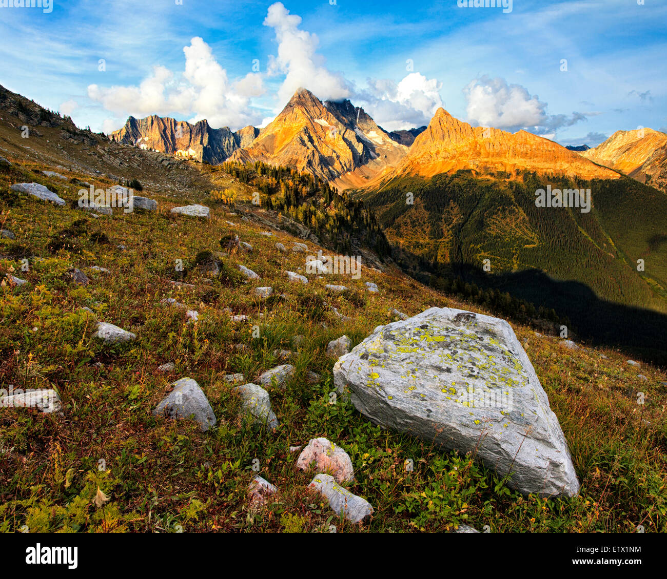 Evening sun hitting Jumbo Mountain from Jumbo Pass in the Purcell Range ...