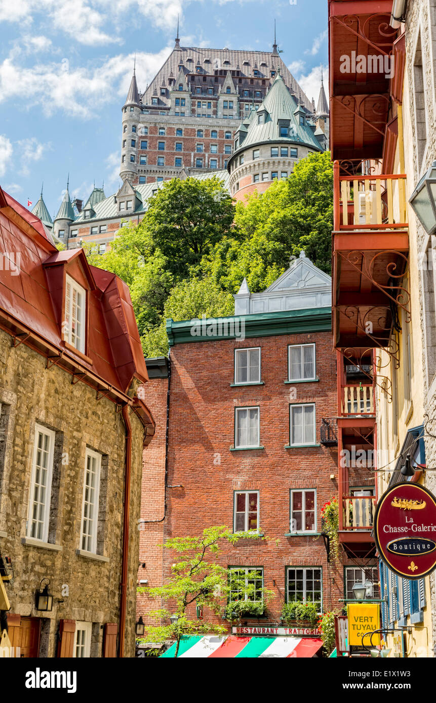 Old heritage buildings in Old Quebec with Chateau Frontenac in the ...