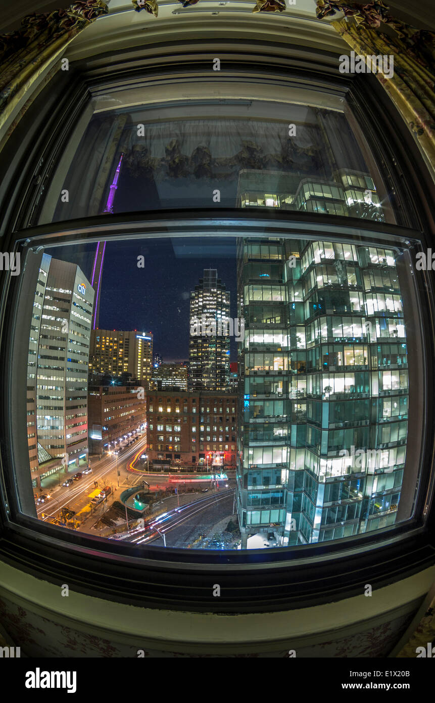 Hotel room window over looking Downtown Toronto and the CN Tower at ...