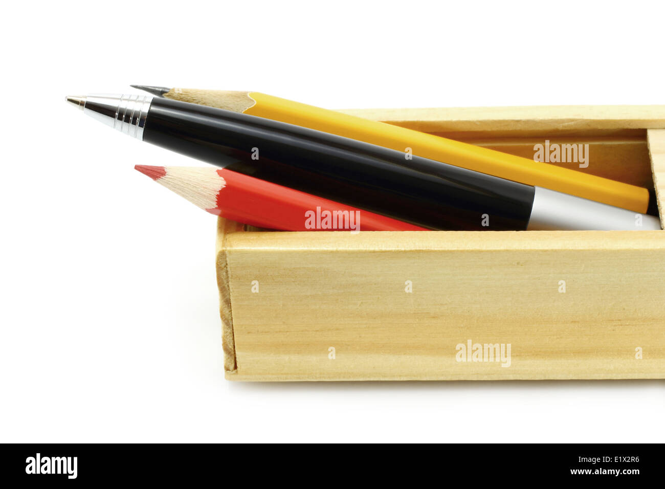 Pen and pencils in the box on a white background Stock Photo - Alamy