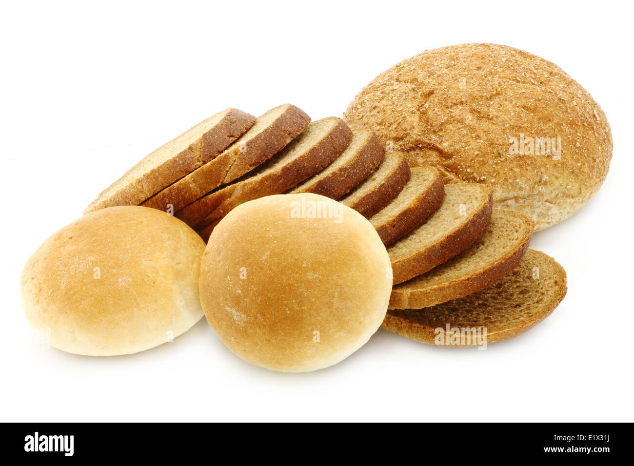 Cut bread and small loafs on a white background Stock Photo - Alamy