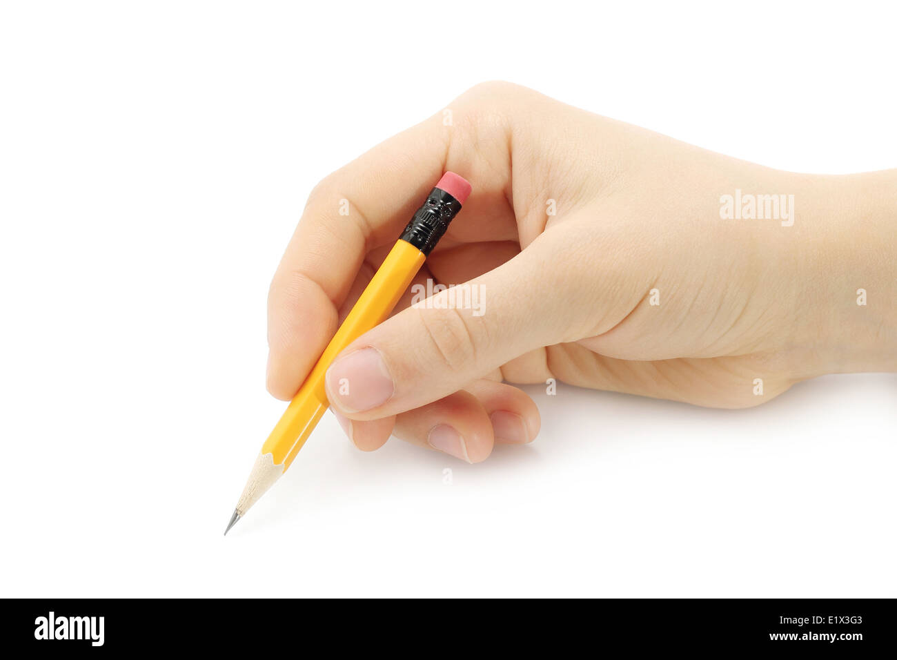 Woman hand with a short pencil on a white background Stock Photo - Alamy