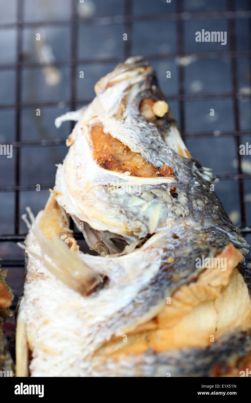 texture of seabass or lates fish deep fried local foods in Thailand ...