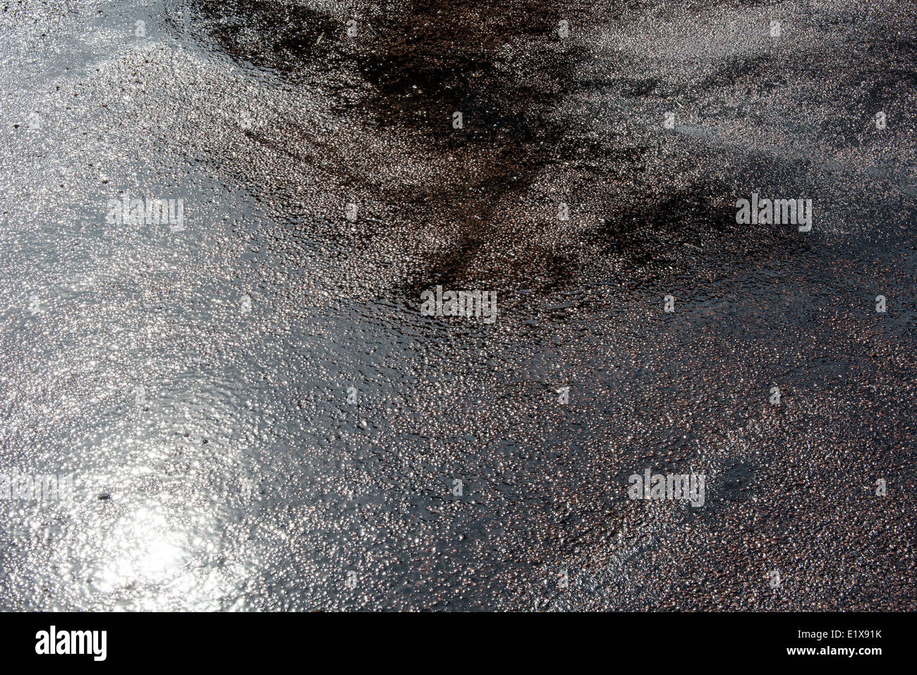 Wet asphalt background with reflections of the sun during a day after ...