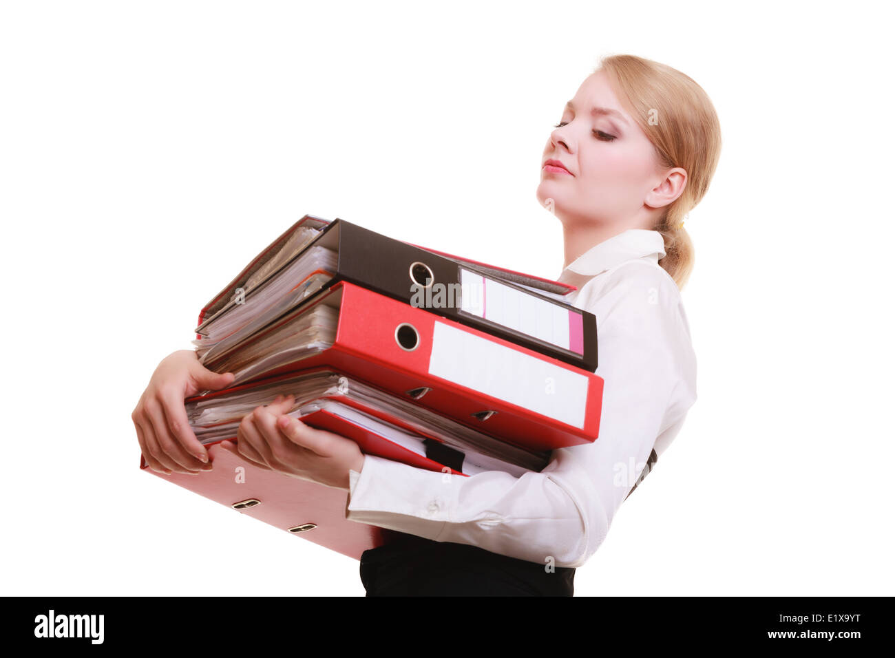 Young overworked business woman holding stack folders documents Stock ... Young overworked business woman holding stack folders documents Stock ...