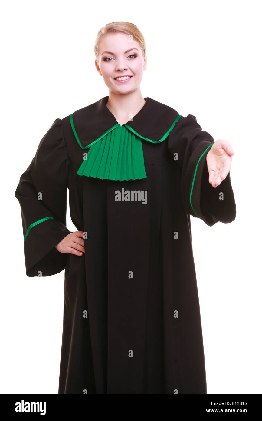 Law. Woman lawyer in polish gown inviting welcome Stock Photo - Alamy
