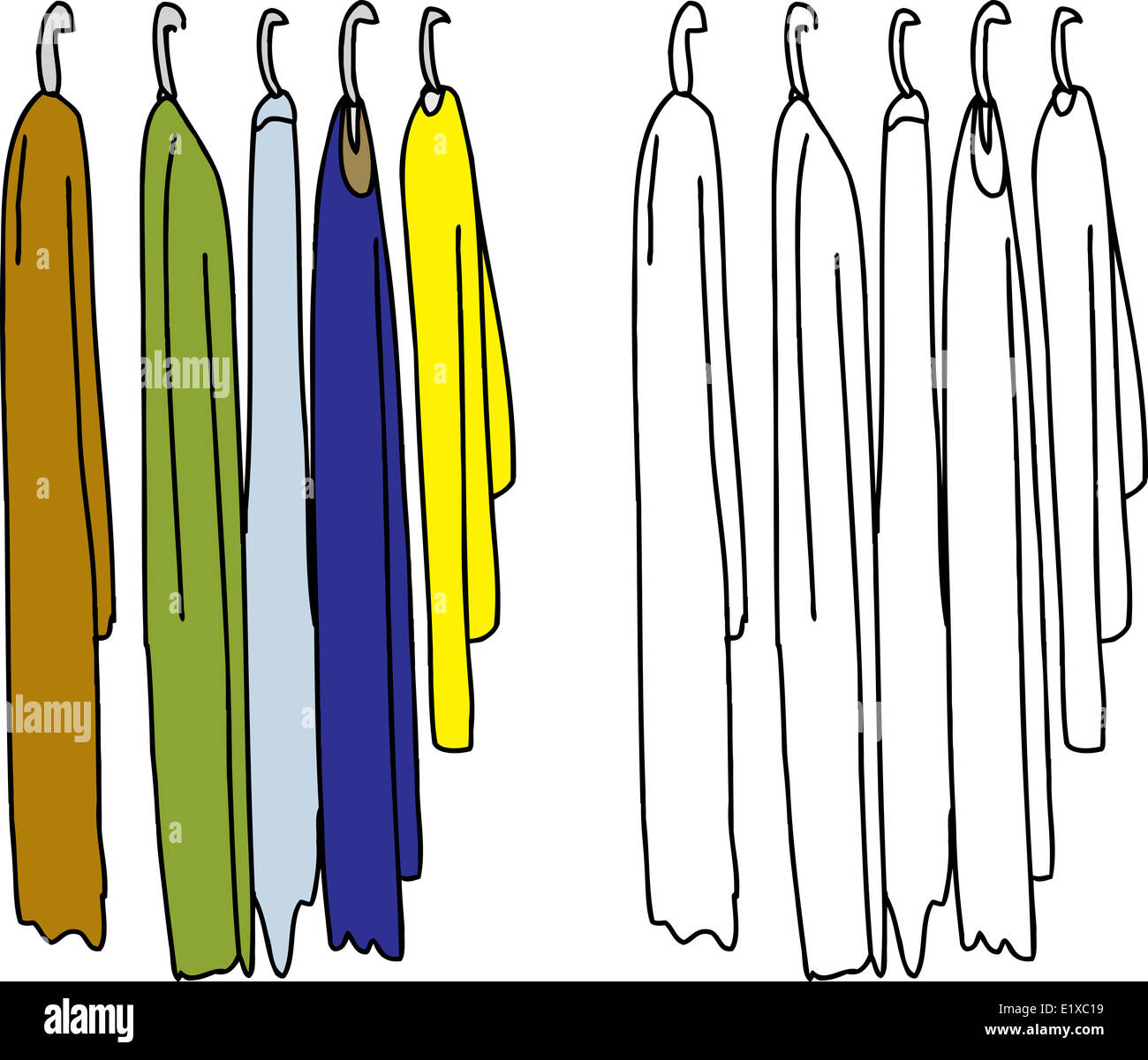 Hand drawn clothes on hangers over white background Stock Photo - Alamy