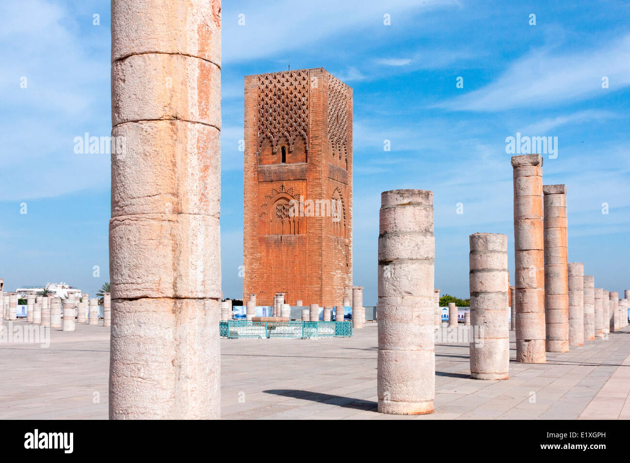 View of the Hassan Tower and the remains of the Hassan Mosque's prayer ...