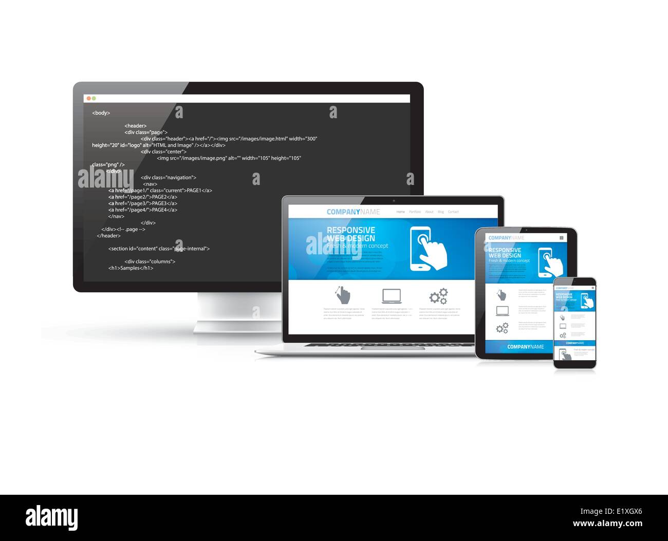 Coding websites to modern responsive electronic devices concept Stock ...
