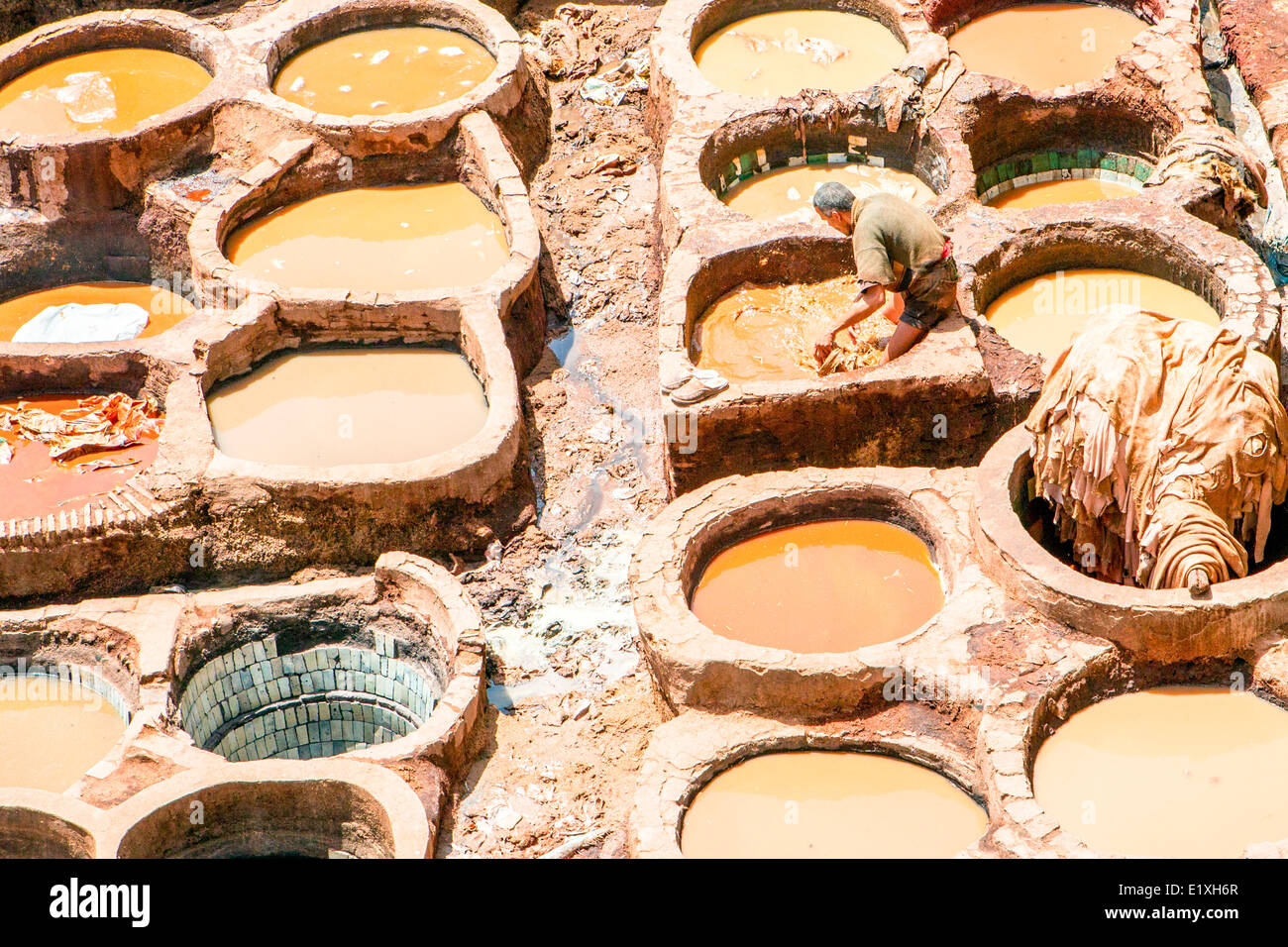 View of the dyeing vats in the Tanners Quarter, Fez, Morocco Stock ...