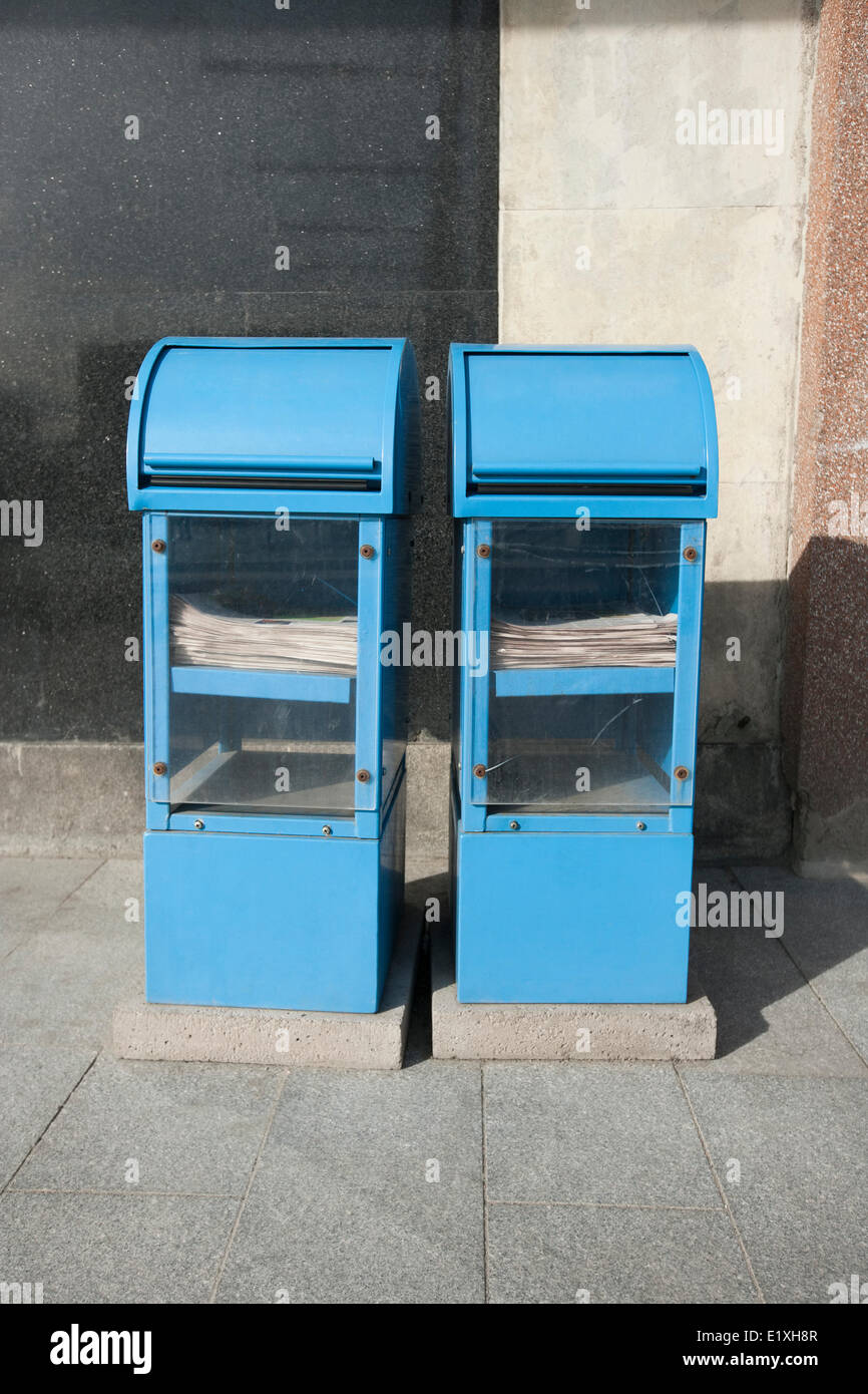 Blue newspaper dispensers on sidewalk, Tallinn, Estonia, Europe Stock ...