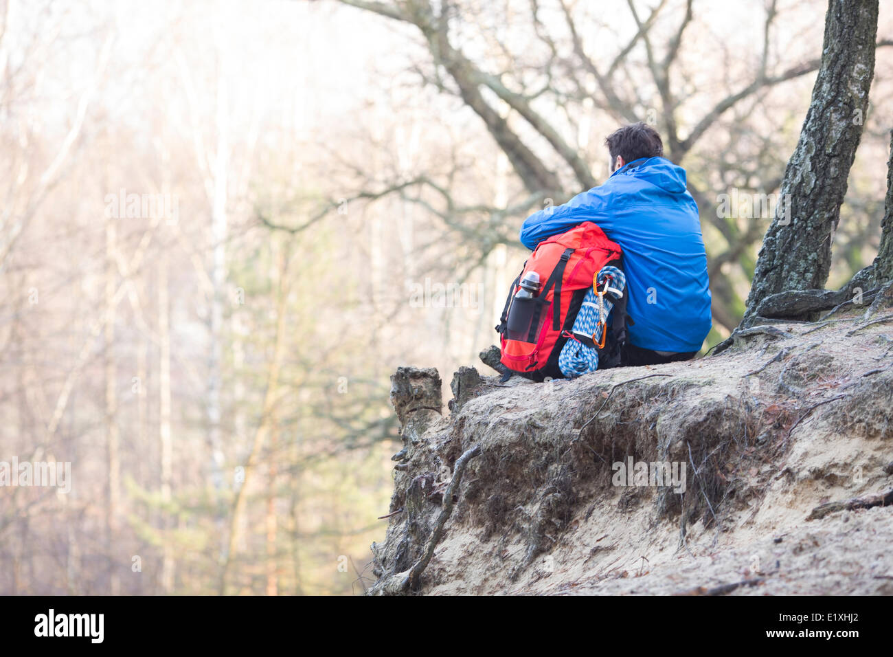 Rear view of hiker with backpack sitting on edge of cliff in forest ...
