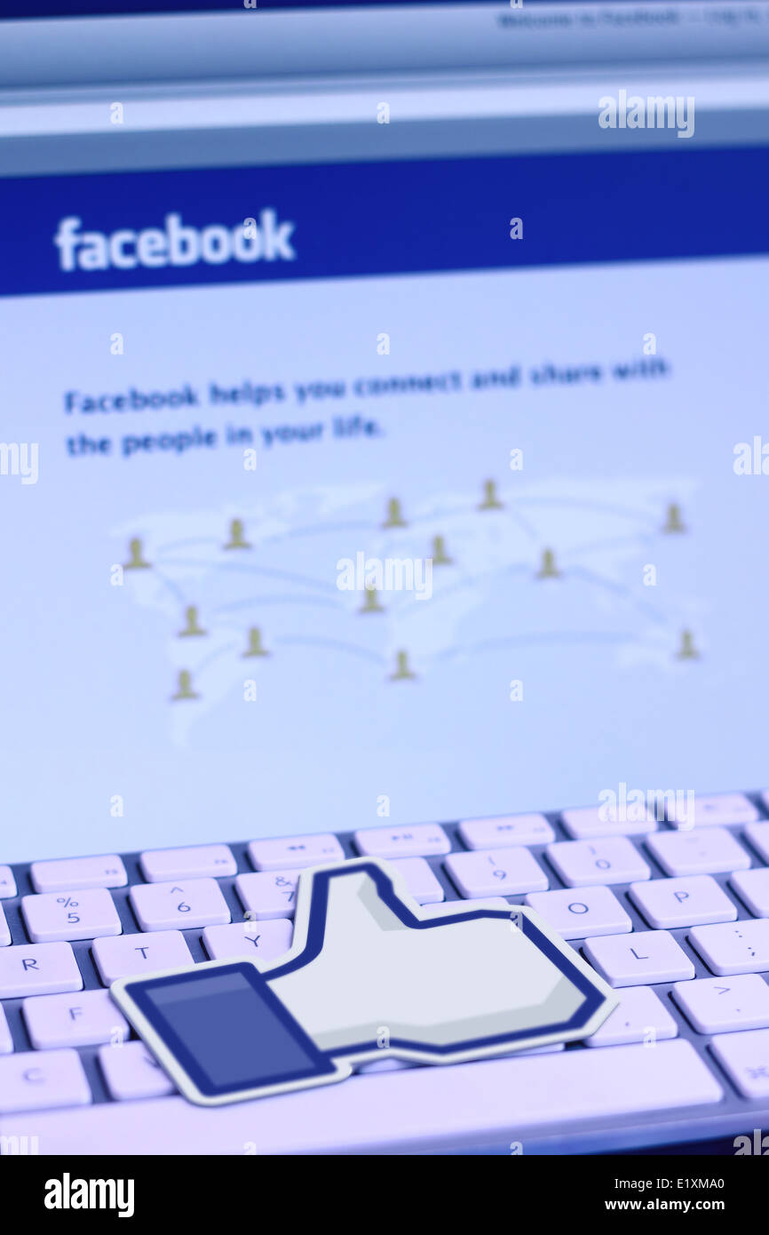 Facebook on a monitor screen and like icon on the keyboard. As of today ...