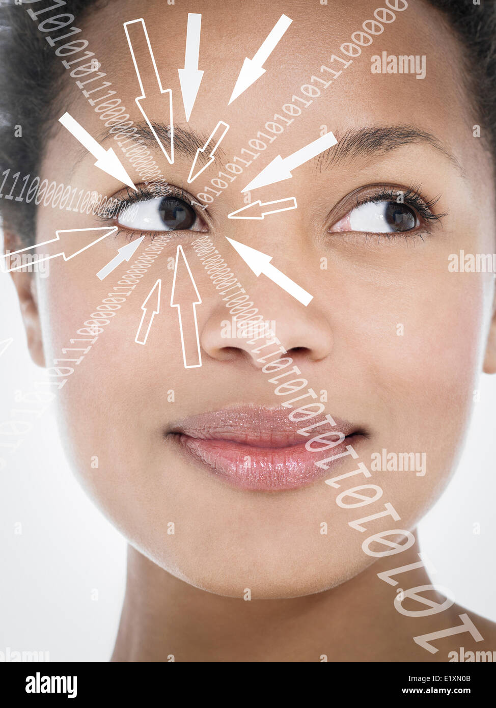 Close-up of smiling businesswoman with binary digits and arrow signs ...