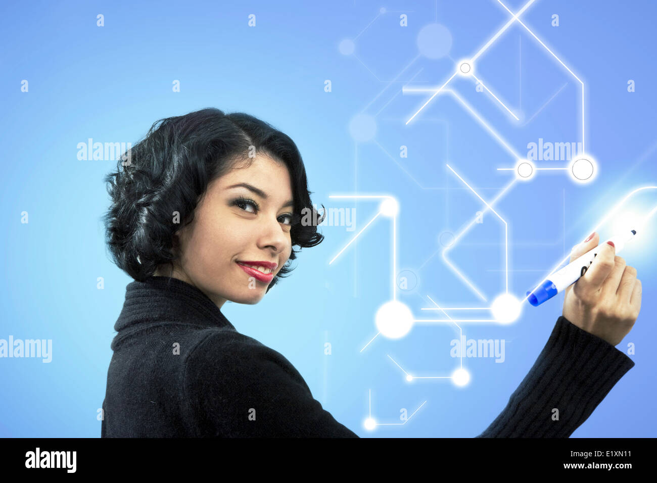 Side view portrait of smiling businesswoman writing of visual screen ...