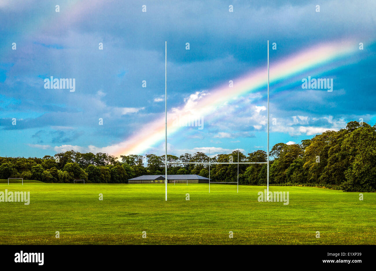 Ireland, Dublin county, a rainbow on a rugby field in the Malahide ...