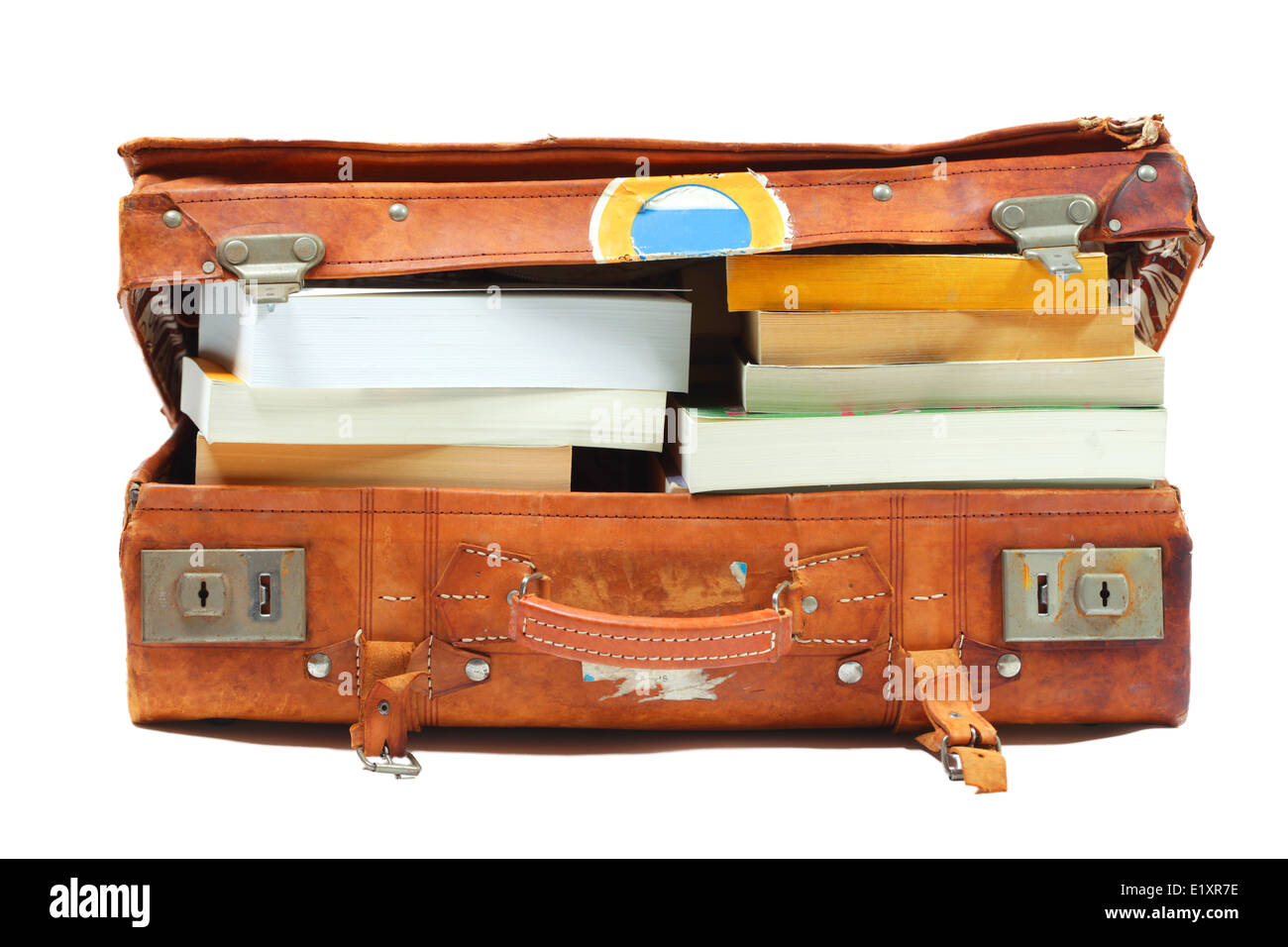 Old leather suitcase filled with only books Stock Photo - Alamy