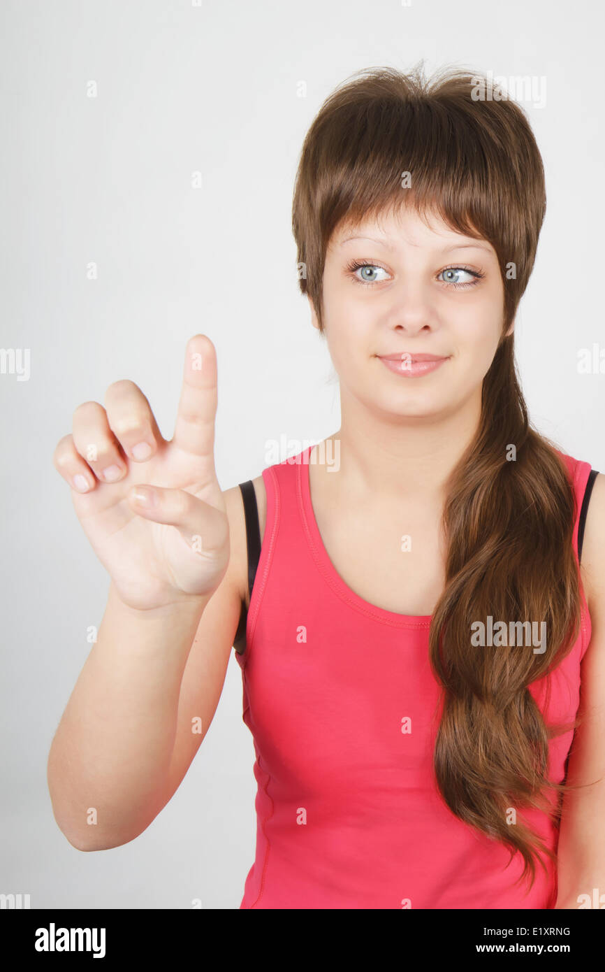 girl presses the button Stock Photo - Alamy