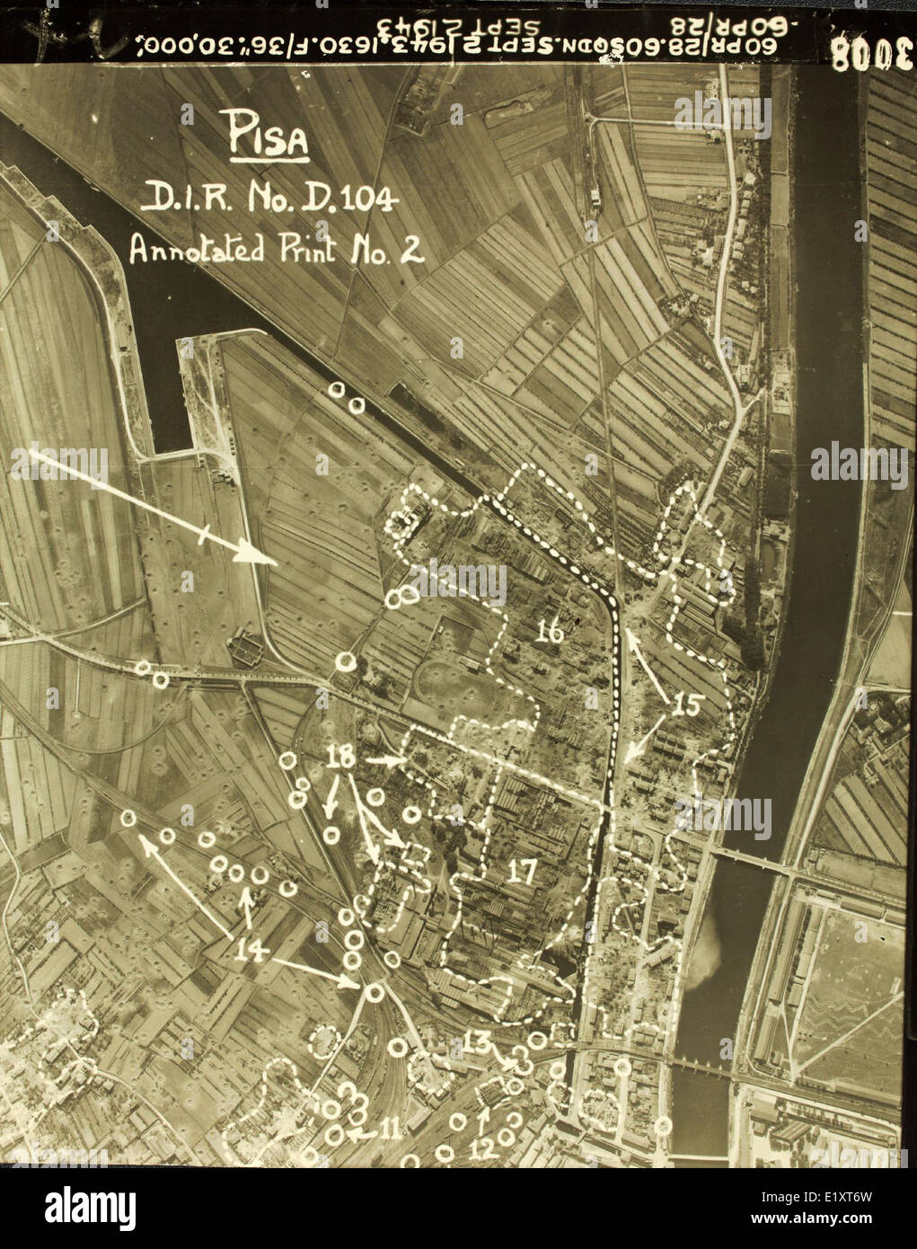 This aerial reconnaissance photo shows Pisa, Italy, during World War II ...