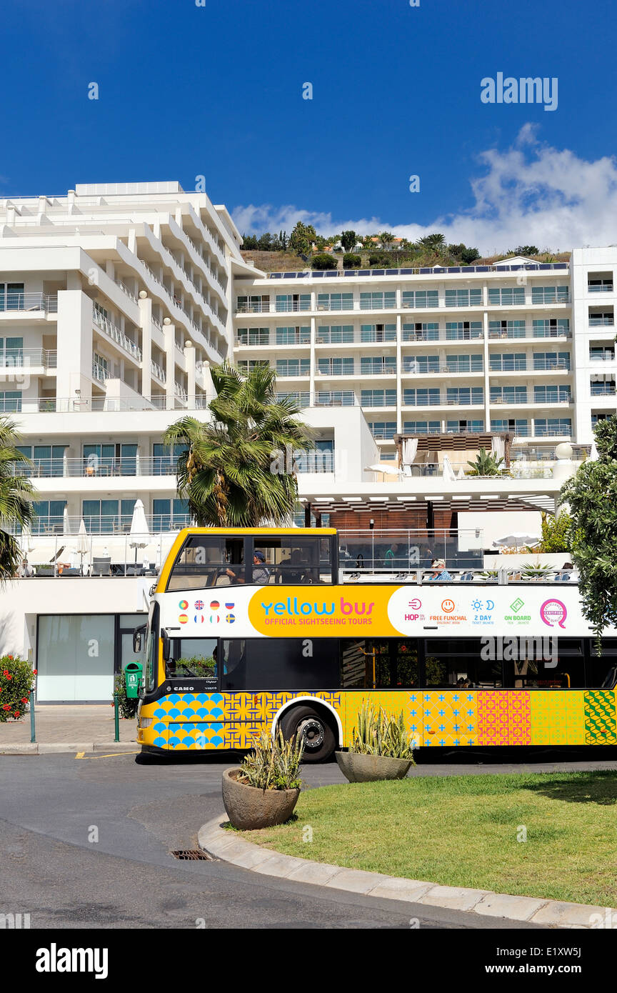 Yellow bus sightseeing City tour of Funchal Madeira Portugal Stock ...